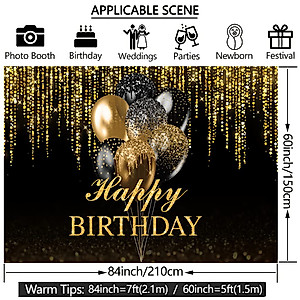 ASOONYUM 7x5ft Happy Birthday Backdrop Black Gold Glitter Bokeh Balloons Happy Birthday Banner for Women Girl 21st 40th 50th Sweet 16th Themed Birthday Party Decorations Golden Sequin Spots Background