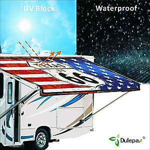 Dulepax RV Awning Fabric Replacement-11'(10'2" Fabric) Heavy Duty 16 oz Vinyl Fabric -Universal Camper Awning Fabric Replacement for All Awning Brands-Photo Graphic Art1:American Flag+Route 66
