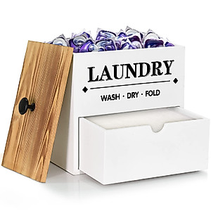 Dryer Sheet Holder with Drawer and Lid, Wood Dryer Sheet Dispenser and Laundry Pods Container for Laundry Room Organization and Storage, Laundry Pod Holder Wall Mount for Laundry Room Decor (White)