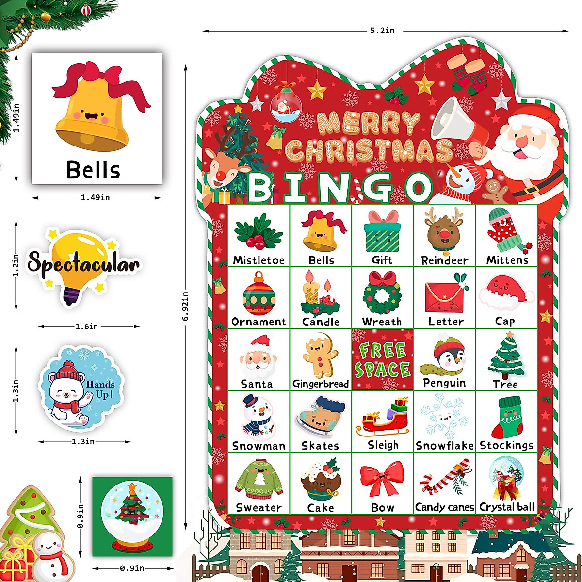 HomSeon 39Pcs Christmas Bingo Game for Kids Adults 24 Players Bingo Cards Christmas Games with Reward Stickers Xmas Activities Family Party Game