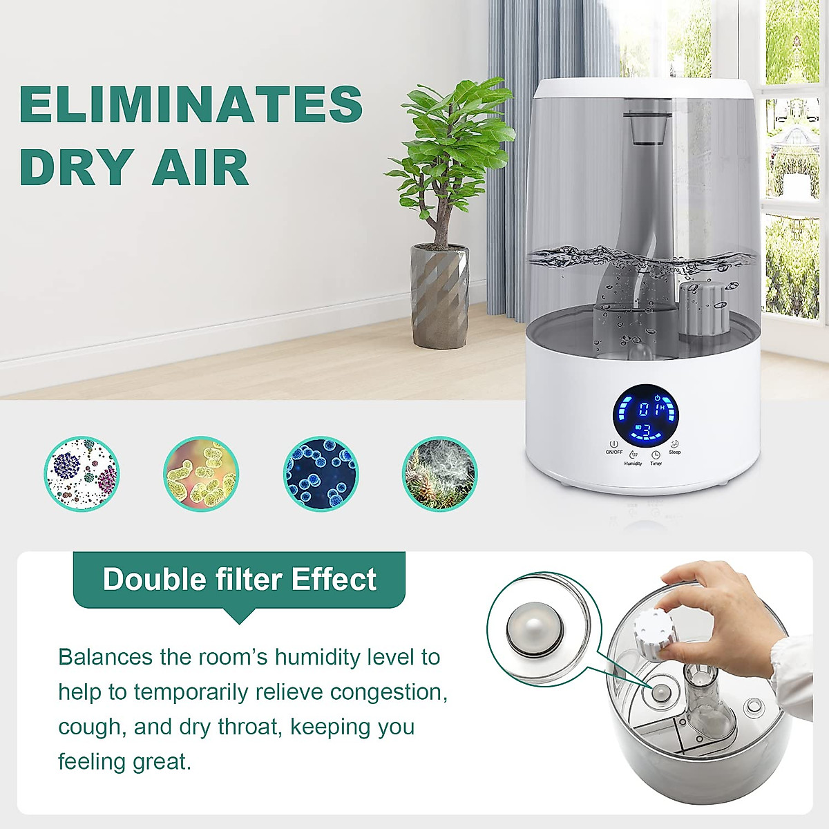 Ultrasonic Cool Mist Humidifier, 1.0 gal (3.5 L) Large-capacity Air Humidifier for bedroom, Lasts Up to 23 Hours with Whisper-Quiet Operation, Powerful Humidification, Timer Function, Easy to Clean