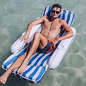 Swimline SunChaser Padded Floating Luxury Pool Lounger Sling Chair Float w/Extra Thick Headrest and 2 Cup Holders, Blue/White Stripe