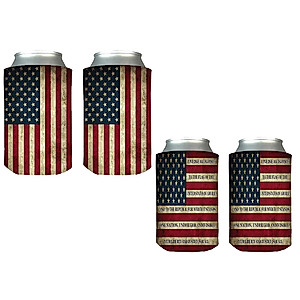 Rogue River Tactical USA Flag Pledge Of Allegiance, Rustic Flag Bundle Collapsible Beer Can Bottle Beverage Cooler Sleeves 2 Sets of 2 Packs Gift Set Combo