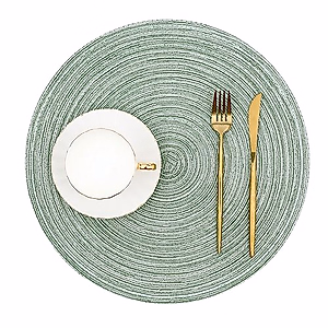 SHACOS Round Braided Placemats Set of 6 Two Tone Bicolor Woven Table Mats 15 inch Washable Dining Table Place Mats for Home Wedding Party, Sage Green White