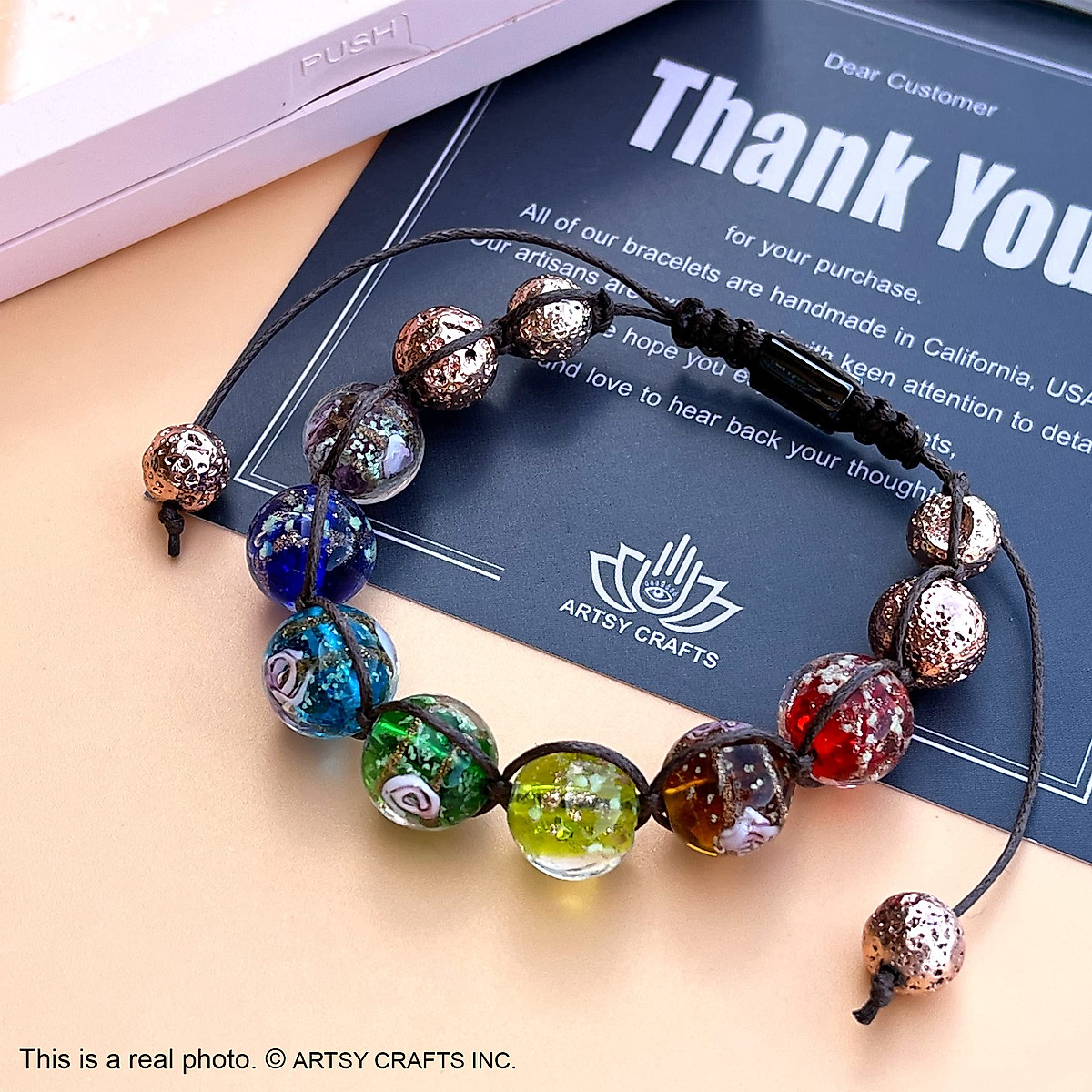 Glow in The Dark Chakra Beaded Bracelets for Women Men, 12mm Lampwork Rainbow Beads Rose Gold Lava Rock Anxiety Bracelets, Stress Relief Adjustable Shamballa Wrap Bracelet (Shamballa Bracelet)