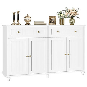 FINETONES Buffet Cabinet with Storage, 55.1” Large Sideboard Buffet Cabinet, White Kitchen Cabinet Display Cabinet with 2 Drawers and 4 Doors, Wood Coffee Bar Cabinet for Kitchen Dining Room