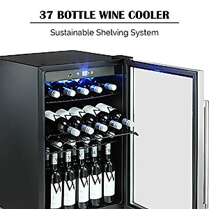 Antarctic Star Wine Cooler Refrigerator Fridge 37 Bottles Single Zone Wine Cellar Freestanding Wine Chiller with Stainless Steel & Double-Layer Glass Door/Digital Memory Temperature Control Silver