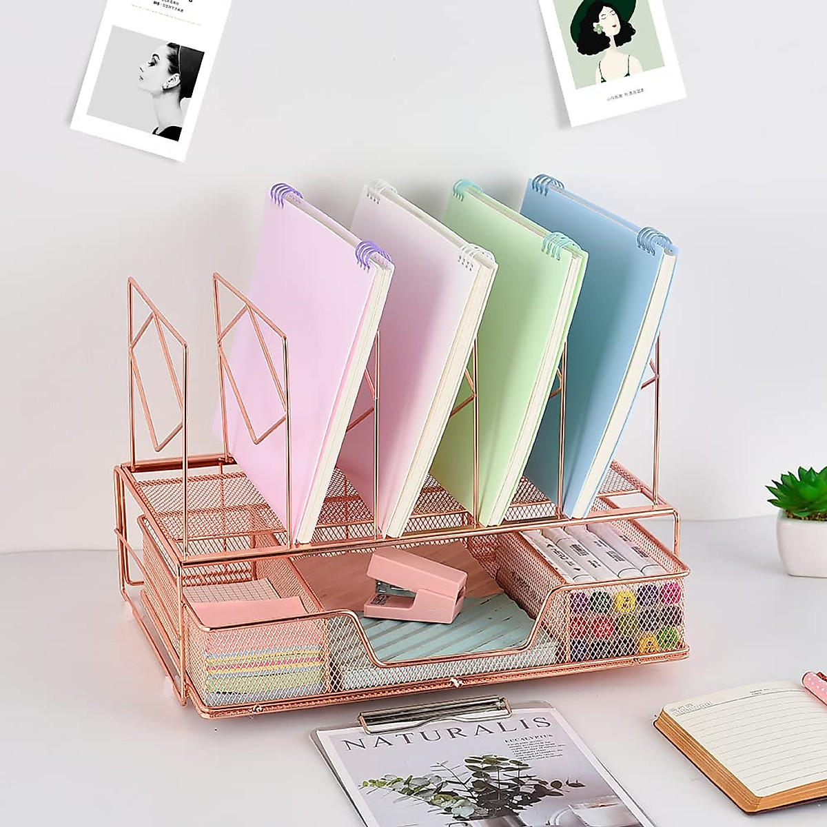 Spacrea Rose Gold Desk Organizers - File Organizer Desk Accessories with Vertical File Folder Holders & Sliding Drawer, Office Supplies for Workspace College Dorm Home(Binder Clips Included)
