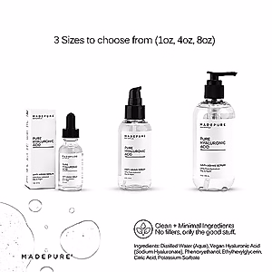 Madepure Pure Hyaluronic Acid Serum for Face | Anti-Aging Plumping Face Serum | Pairs Well with Vitamin C & Retinol Serum | Fragrance Free (1oz Dropper)