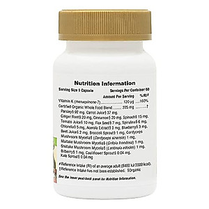 NaturesPlus Source of Life Garden Certified Organic Vitamin K2-120 mcg, 60 Vegan Capsules - Bone Health Supplement - with Natural Whole Food Enzymes - Vegetarian, Gluten-Free - 60 Servings