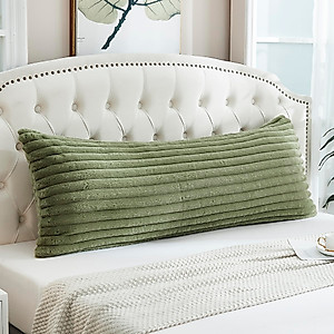Yaoshuho Furry Faux Rabbit Fur Body Pillow Case Cover, Luxury Plush Striped Body Pillowcase with Zipper, Decorative Velvet Long Body Pillow 21 x 54 Inches, Sage Green