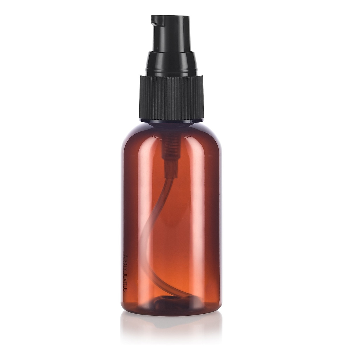 JUVITUS 2 oz Amber Boston Round Plastic PET Bottles with Black Treatment Pump (12 Pack)