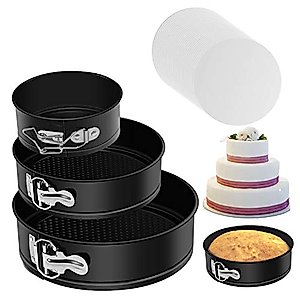 MASSUGAR Springform Pan Set of 3 - Nonstick Cheesecake Pan with Removable Bottom, Leakproof Round Cake Pan, Circle 3 Tiered 4" 7" 9 inch Spring form Pans for Baking with 50 Pcs Parchment Paper Liners