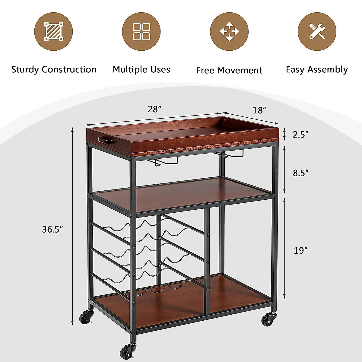 COSTWAY Kitchen Rolling Island Cart, with 9-Bottle Wine Racks & Glass Holders, Utility Beverage Cart Trolley with Lockable Wheels for Home Kitchen, Wooden and Metal Frame, Rustic Brown
