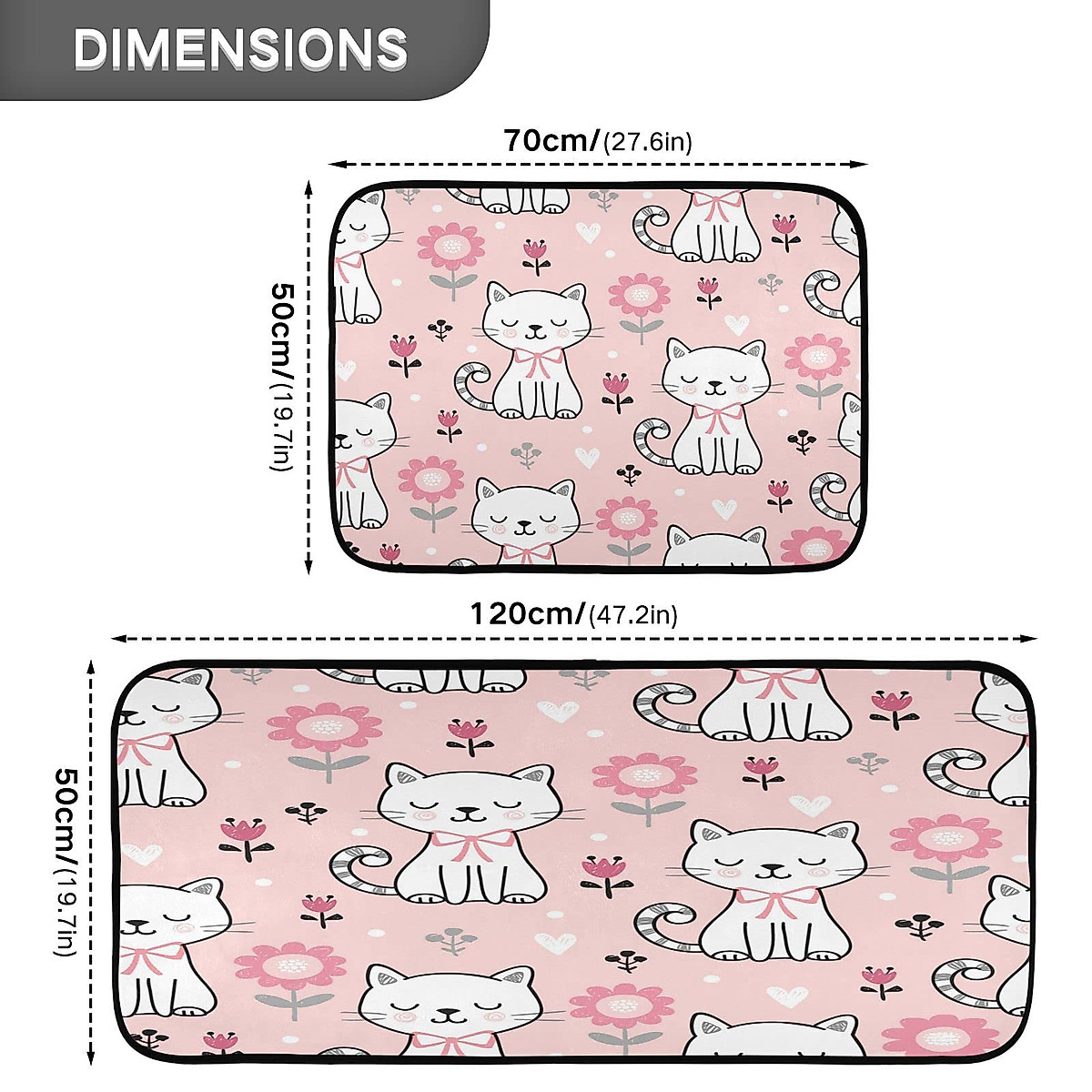 Pink Cat Flower Kitchen Rug Mats 2PCS Non Slip 47" x 20" + 28" x 20" Kitchen Carpet Floor Mat Hallway Rugs Anti Fatigue Doormat