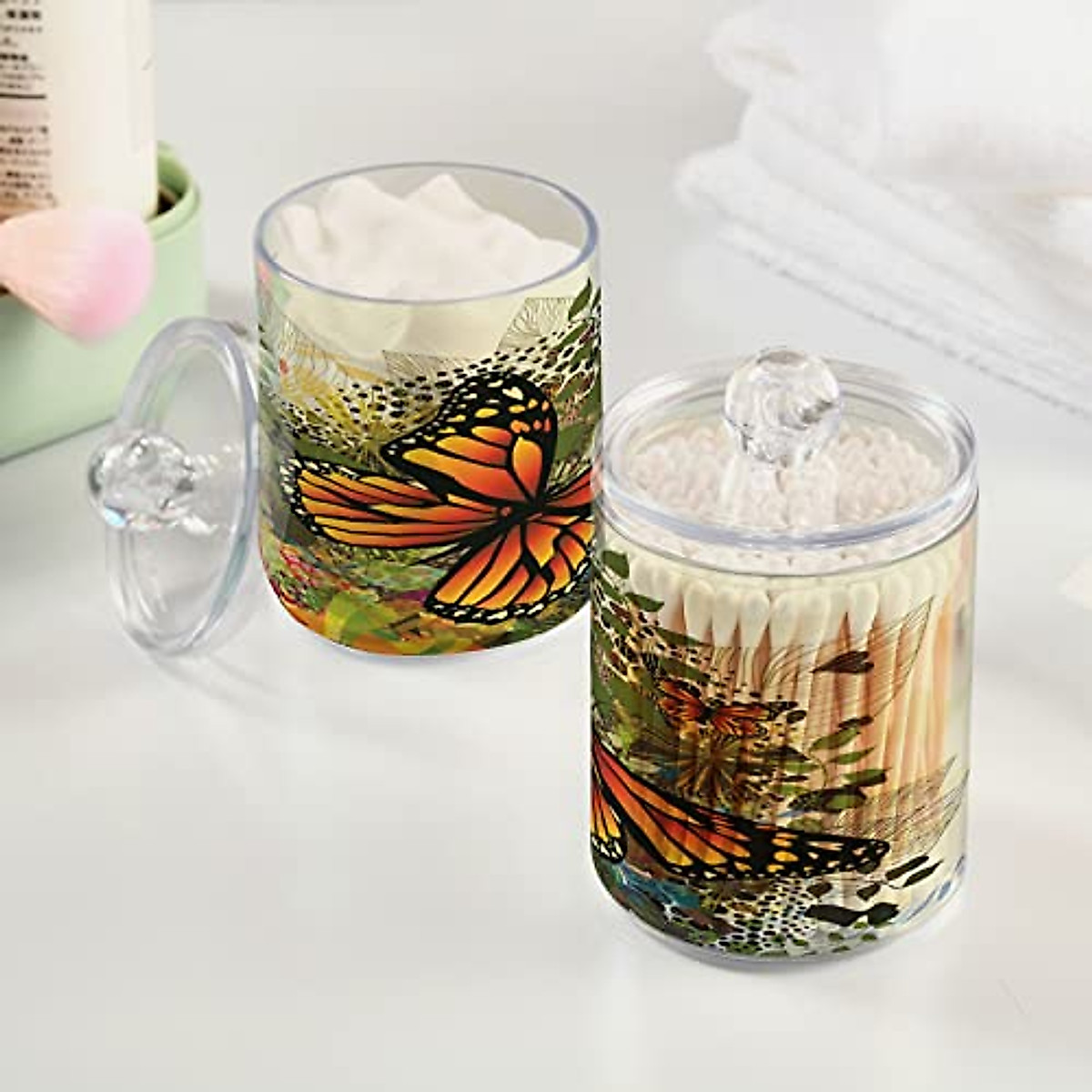 KEEPREAL Butterfly Flower Qtip Holder Dispenser with Lids, 4PCS Plastic Food Storage Canisters, Apothecary Jar Containers for Vanity Organizer Storage