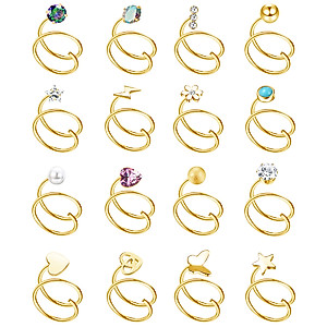 FASACCO Double Nose Ring Hoop for Single Piercing 20 Gauge Stainless Steel Nose Hoop Spiral Star Pearl CZ Butterfly Twist Nose Ring Hoops Double Hoop Earrings for Women Gold Tone