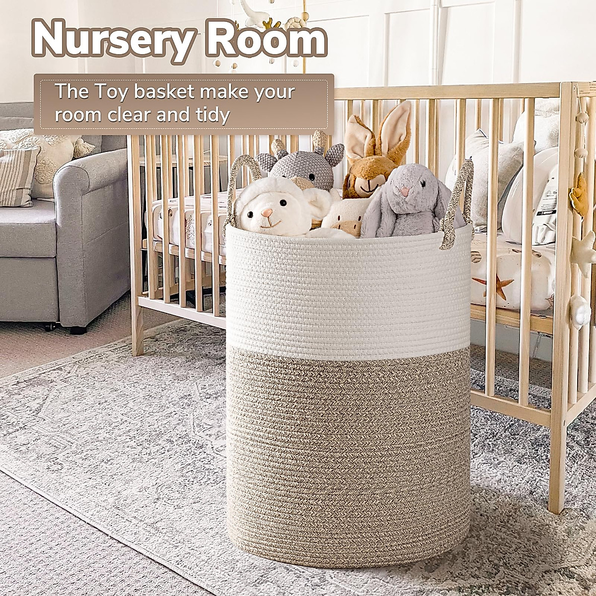 INDRESSME Large Laundry Hamper, Baby Laundry Hamper for Toys, Tall Woven Laundry Basket for Clothes, Blanket Storage Basket for Living Room, 19.7 x 13.8 inches, Light & Brown
