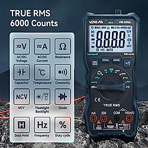 VENLAB Digital Multimeter TRMS 6000 Counts Volt Amp Meter Ohm Auto-Ranging Multimeter Tester with NCV,Measures Voltage Current Resistance Diodes Continuity Duty-Cycle Capacitance Temperature