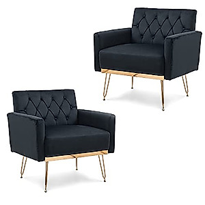 Olela Accent Chair Set of 2,Velvet Armchair Single Sofa Modern Tufted Upholstered Side Reading Chairs with Arm and Gold Metal Leg for Living Room Bedroom Club Nursery Office Decorate(2, Black)