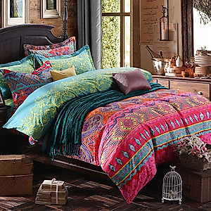 Jingzhang Bohemian Soft Breathable Duvet Cover King Size, Vintage Exotic Bedding Set 3Pcs Colorful Ethnic Floral Decoration, for Men and Women, 100% Microfiber Cotton Duvet Cover with Zipper Ties