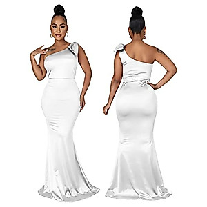 FairyLove Women's Fashion Ruched Bodycon Dress Sleeveless One Shoulder Wrap Satin Belted Cocktail Midi Dresses White