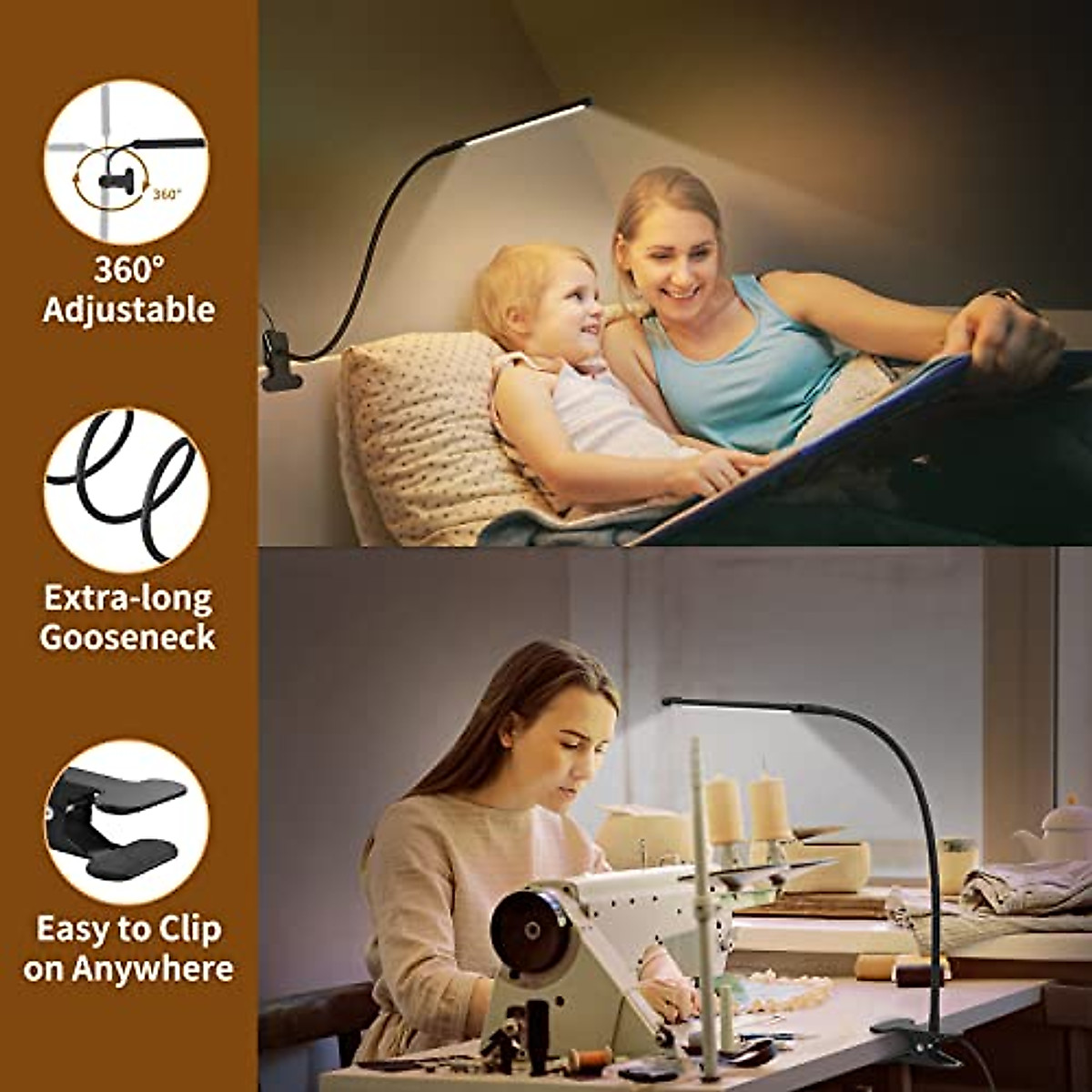 iZELL Book Light, LED Reading Light Clip On [3 Color Modes & 10 Brightness Levels] Flexible Gooseneck Book Reading Lamp for Kids Reading in Bed at Night Clip Bedside Table Headboard Dorm