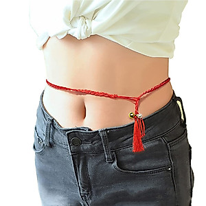 Thin Waist Rope Braid Belt Chain Exotic Women Waist Belt Rope Chain with Tassel Bead Bell Good Luck Belly Rope Bracelet, Red
