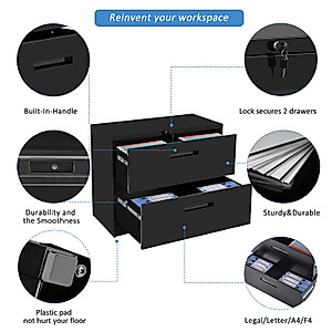 File Cabinet,Home Office Lockable Heavy Duty Metal Lateral File Cabinet with 2 Drawers, Black