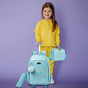 Egchescebo Kids Love Heart Rolling Backpack for Girls Suitcases Trolley Backpacks with Wheels Roller Luggage on Wheels with Lunch Box Pencil Case for Elementary Travel School Bag Blue