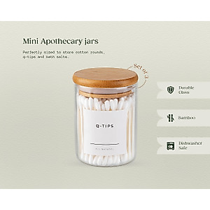 Mini Glass Apothecary Jars, Bathroom Container Set, Bathroom Organizers and Storage, Bathroom Decor, with Bamboo Lids, Small Kitchen Containers, For Cotton Balls, Pads and Swabs, 10 oz, Set of 3