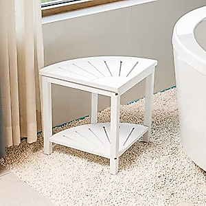 Forevich Shower Corner Bamboo Bench with Shelf, Corner Seat Shower Stool for Inside Shower White