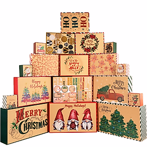 POPGIFTU 18 Kraft Christmas Boxes with Lids for Gifts(4 Sizes and 18 Designs), Xmas Gift Wrap Boxes Bulk Set with Tag Stickers for Holiday Present Wrapping