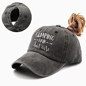 Waldeal Womens Embroidered Camping Hair Don't Care Ponytail Hat Adjustable Glamping Baseball Cap Black