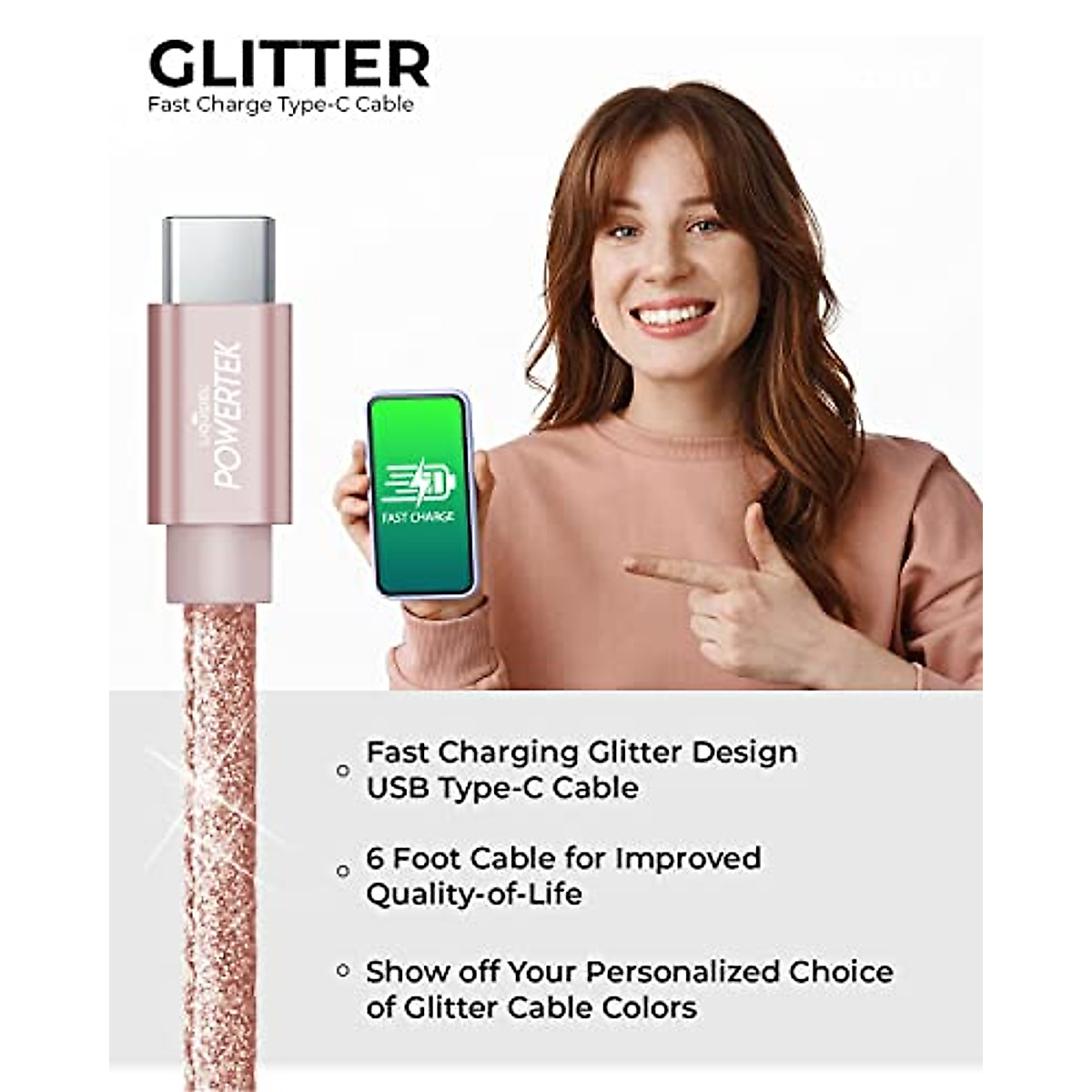 LIQUIPEL USB Type C Cable 6ft, USB A 2.0 to USB-C Fast Charger Extra Long Durable, Glitter Cables (Rose Gold)
