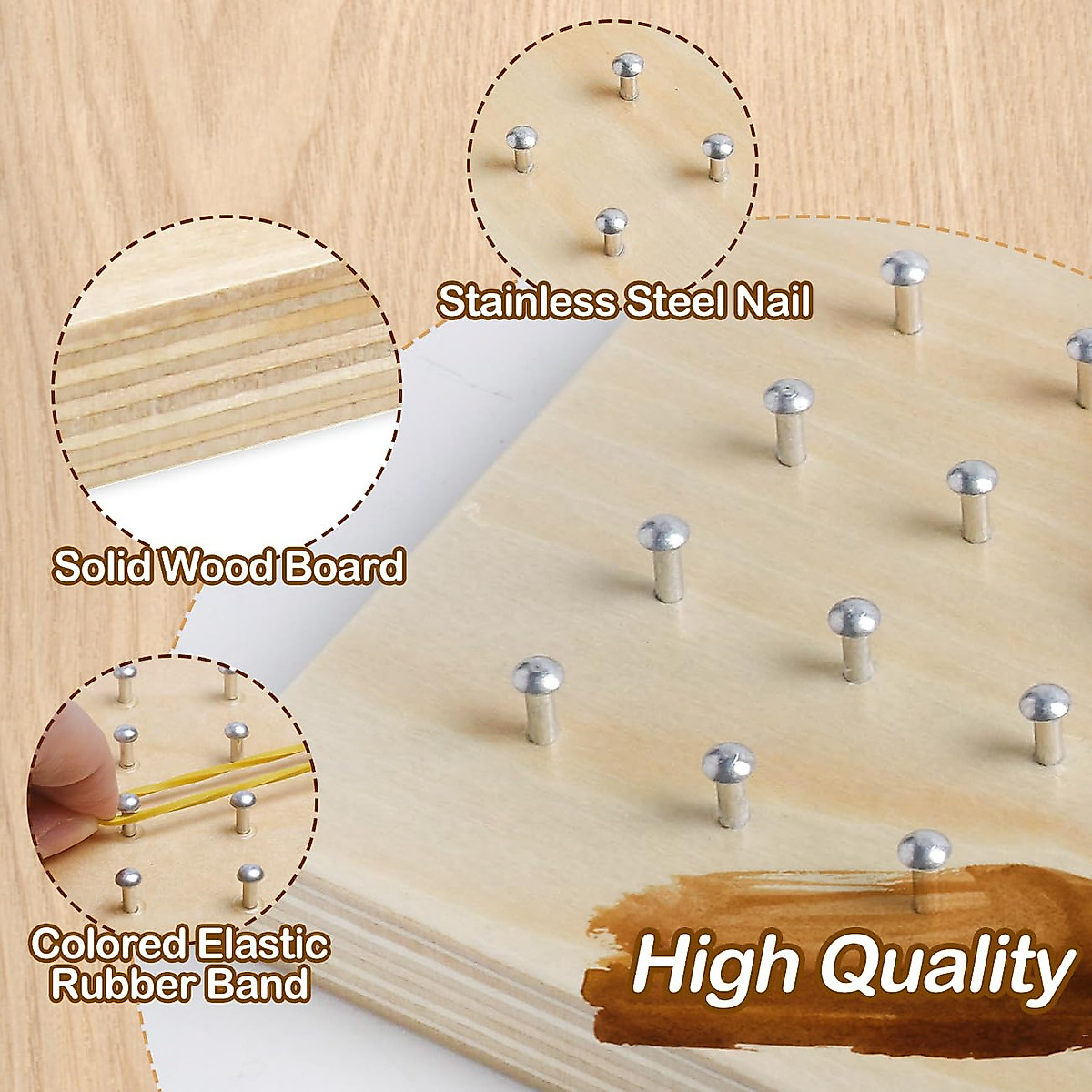 Wooden Geoboard with Rubber Bands Graphical Math Pattern Blocks Geo Board - Montessori Educational Toy for Kids with Pattern Cards and Rubber Bands Create Figures Shape STEM Puzzle Matrix Brain Teaser