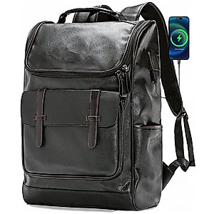 CHAO RAN Vintage Leather Backpack For Men Business Laptop Backpack With Charge Port Black Waterproof College School Bag