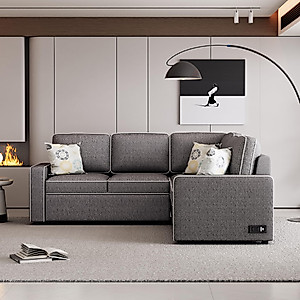 P PURLOVE Convertible Sectional Sofa, Pull-Out Sleeper Sofa Bed with 3 Pillows and 2 USB Ports, L Shaped Couch with 2 Power Sockets for Apartment, Living Room (Brown)