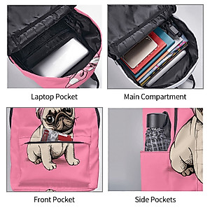 FeHuew 16 inch backpack Cute Pink Cartoon Pug Laptop Backpack Full Print School Bookbag Shoulder Bag for Travel Daypack
