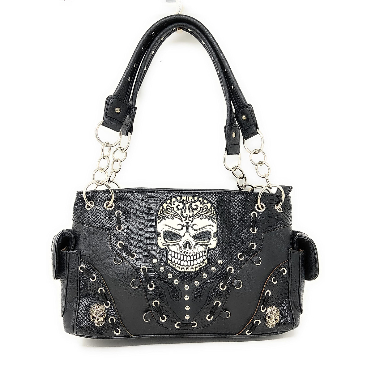 western rhinestone skull concho stitched handbag purse set (black)