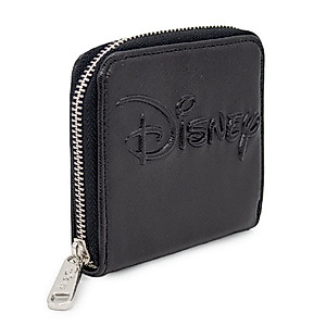 Disney Wallet, Square Zip Around, Disney Signature Text Logo Embossed, Black Vegan Leather