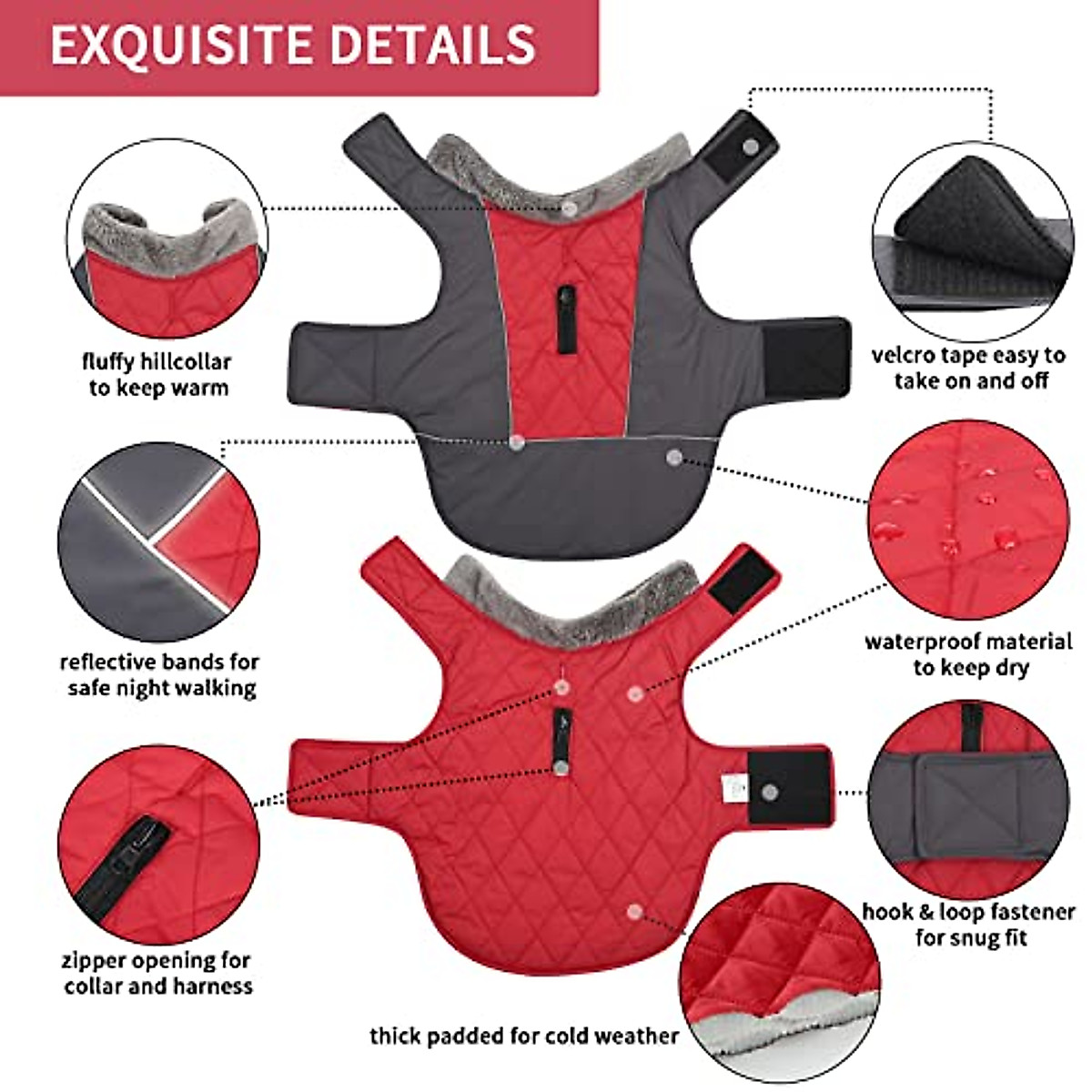 JOYPAWS Reversible Dog Coat, Windproof Waterproof Dog Jacket for Cold Weather, Warm Dog Winter Clothes Reflective Two-Tone Pet Apparel with Fleece Collar for Small Dogs Red S