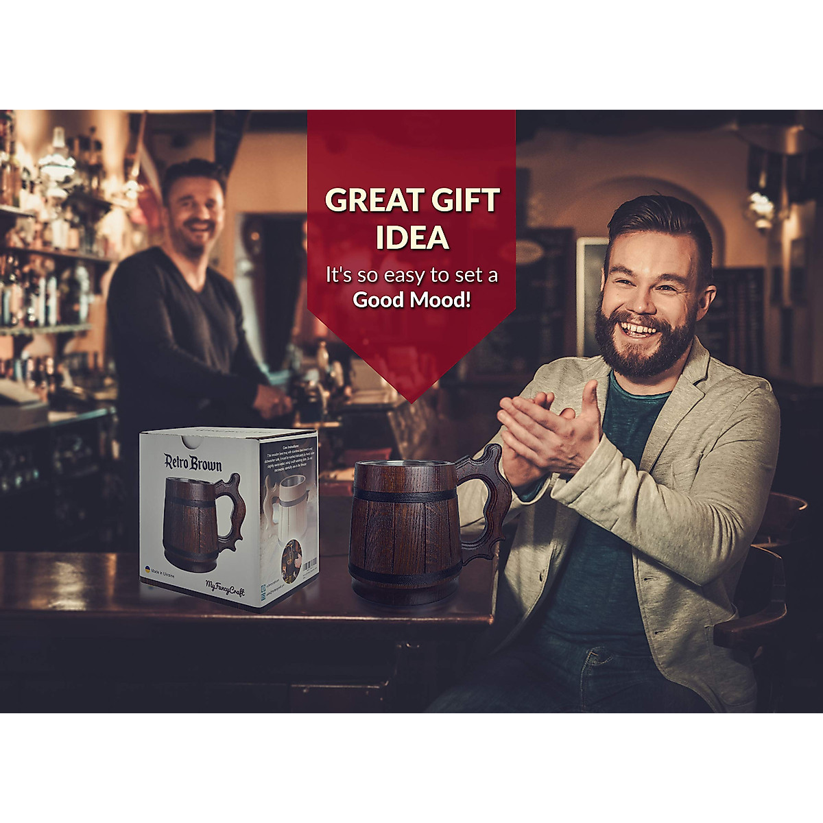 MyFancyCraft Gifts for Men Wood Beer Mug with Box Stainless Steel Cup Men Souvenir Handmade Retro Brown