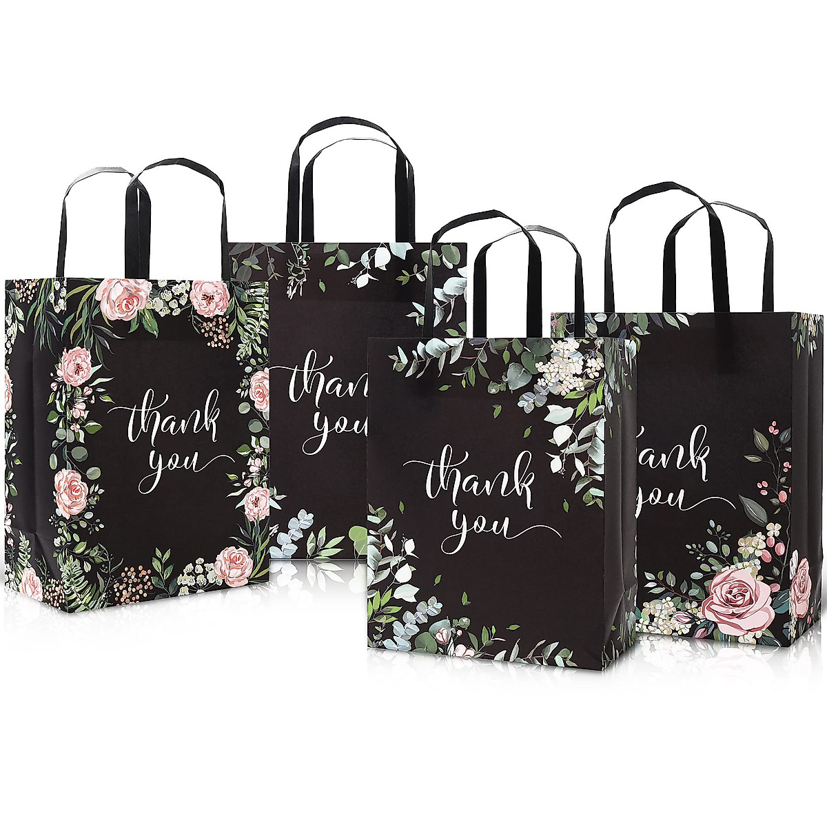 AnyDesign Floral Thank You Gift Bags with Handles Black Thank You Goody Bags Flower Kraft Paper Treat Bags Party Favor Bags for Wedding Birthday Baby Shower Party Favors, 4 Designs, 20Pack