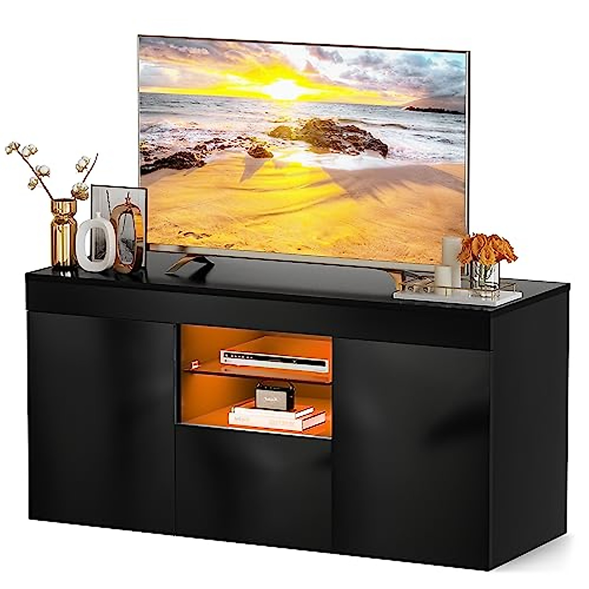 Lamerge Sideboard Buffet Cabinet,Led TV Stand with Storage,High Glossy Panel, UV Coated,TV Table,Kitchen Cabinet, Bar Cabinet. 53.1" L×13" W×28" H,Black