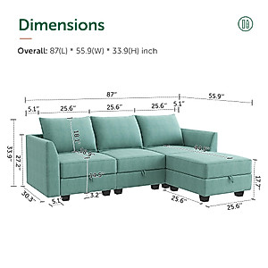 HONBAY Reversible Sectional Sofa Couch, Modern Apartment L-Shaped Couch Modular Sectional Sofa with Storage, Aqua Blue