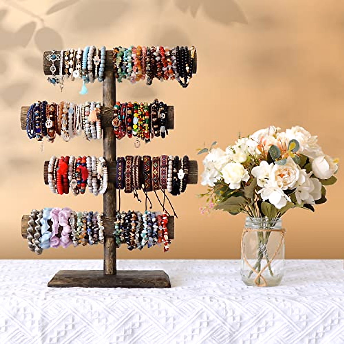LadyRosian 4 Tier Wooden Display Jewelry Accessory Stand Jewelry Bracelet Holder Bangle Watch Necklace Storage Jewelry Holder Stand Display Organizer, Brown