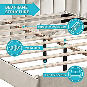 CECER California King Bed Frame with Upholstered Extended Headboard, Vertical Tufted Velvet Bed Platform Furniture for Bedroom/Easy Assembly/Solid Wood Slats Support/No Box Spring Needed - Beige