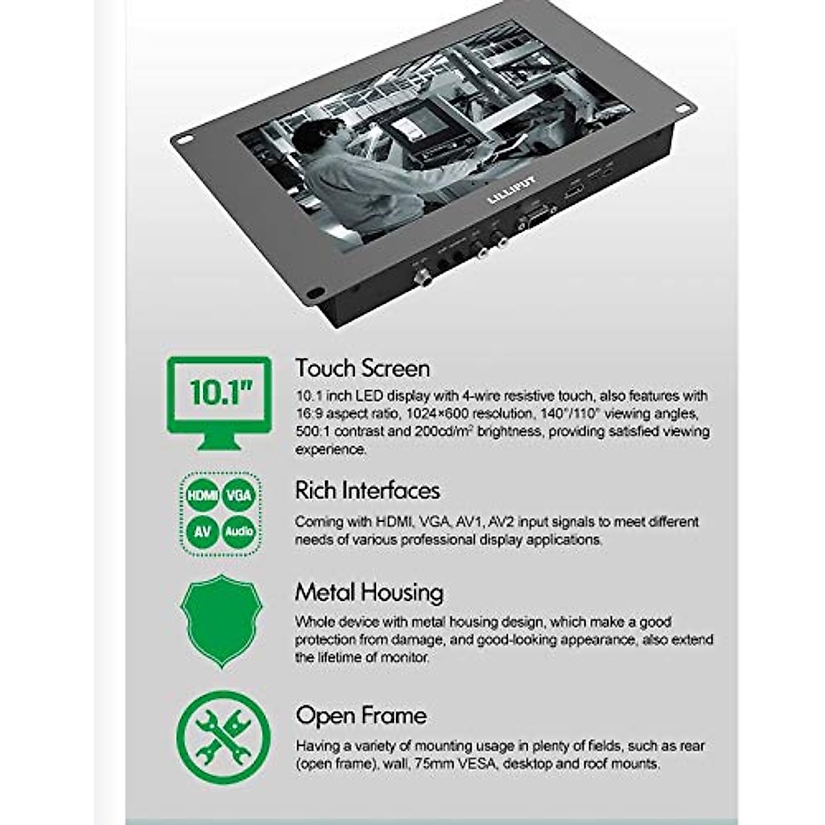 LILLIPUT 10.1" TK1010-NP/C/T-B 10.1" HDMI Open Frame Monitor -resisitive Touch