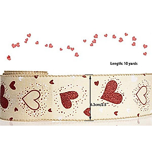 ATRBB Red Glitter Hearts Wired Edge Burlap Ribbon,The Valentine's Day Ribbon for Gift Wrapping and Decorative Bow,10 Yards by 2.5 Inches